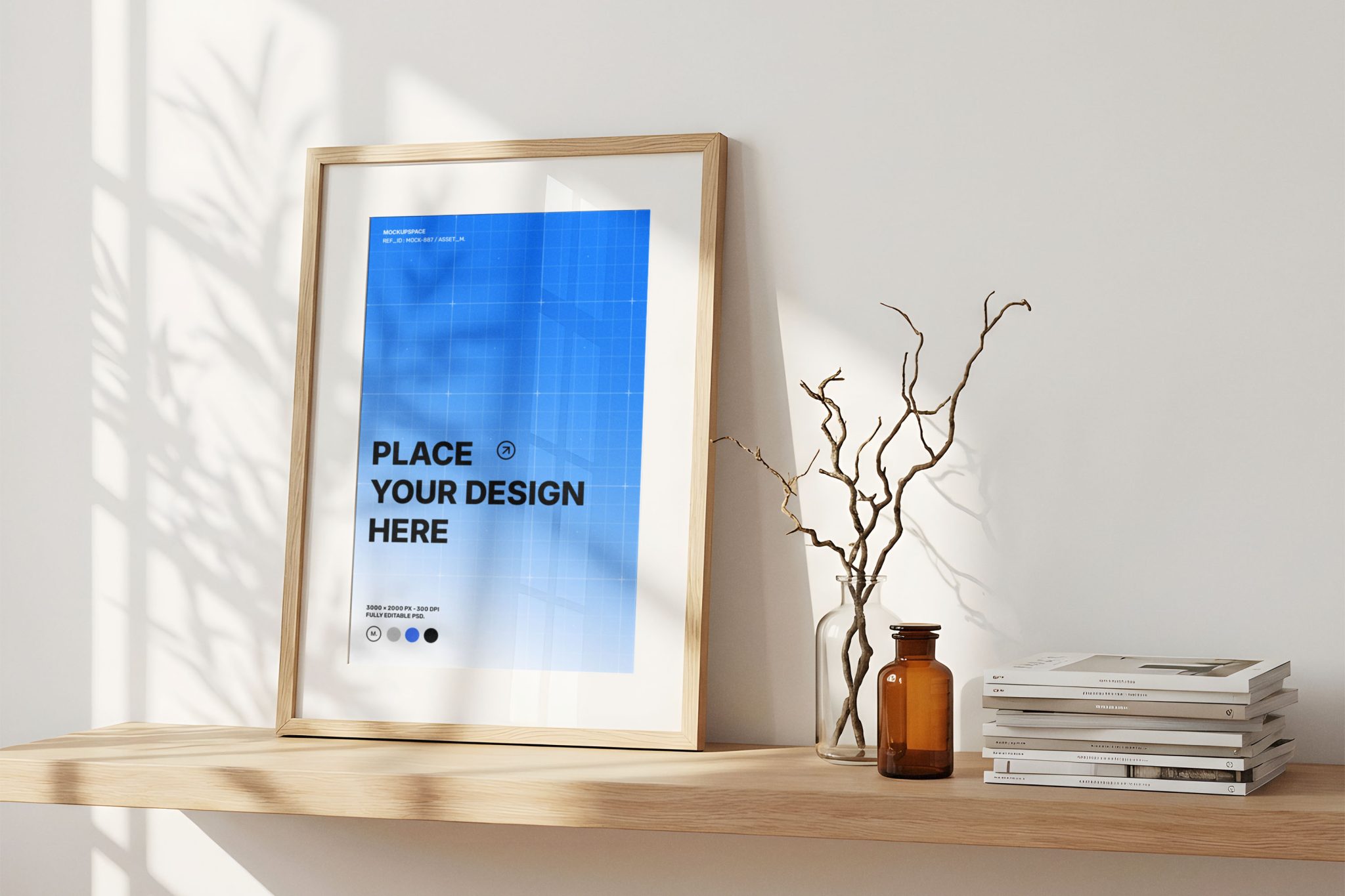 Minimalist Wood Poster Frame Mockup on Shelf | Mockup Space